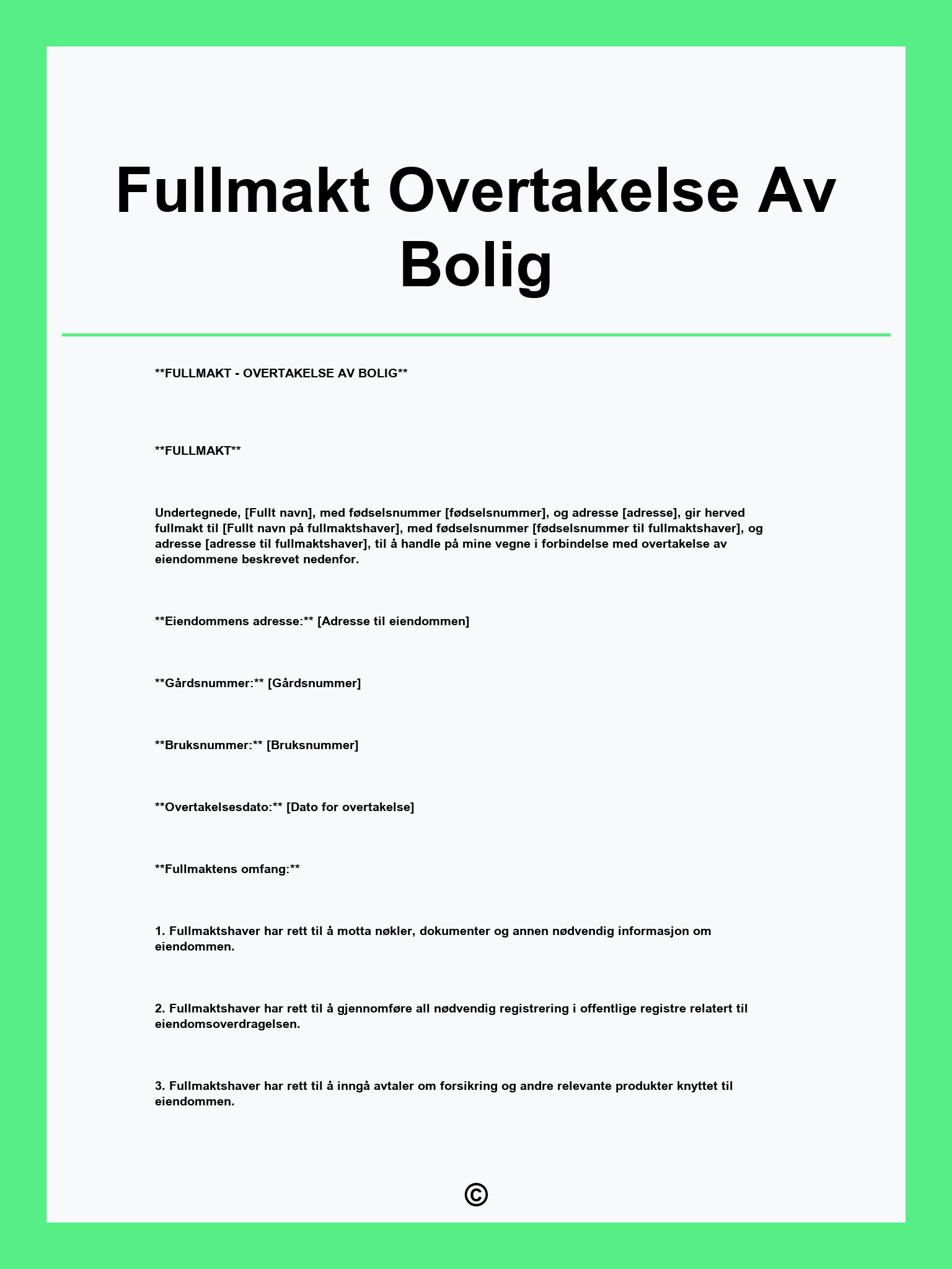 Fullmakt Overtakelse Av Bolig