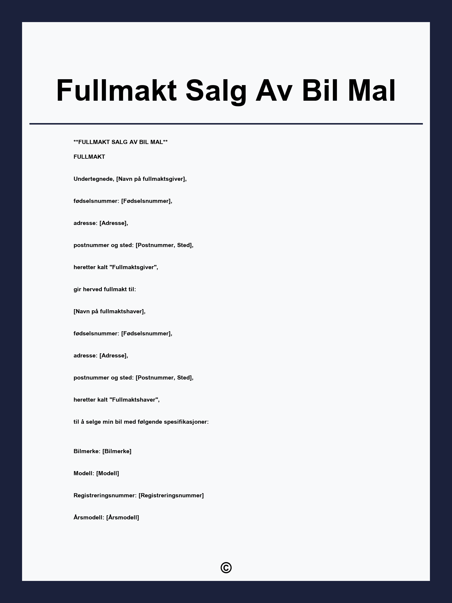 Fullmakt Salg Av Bil Mal
