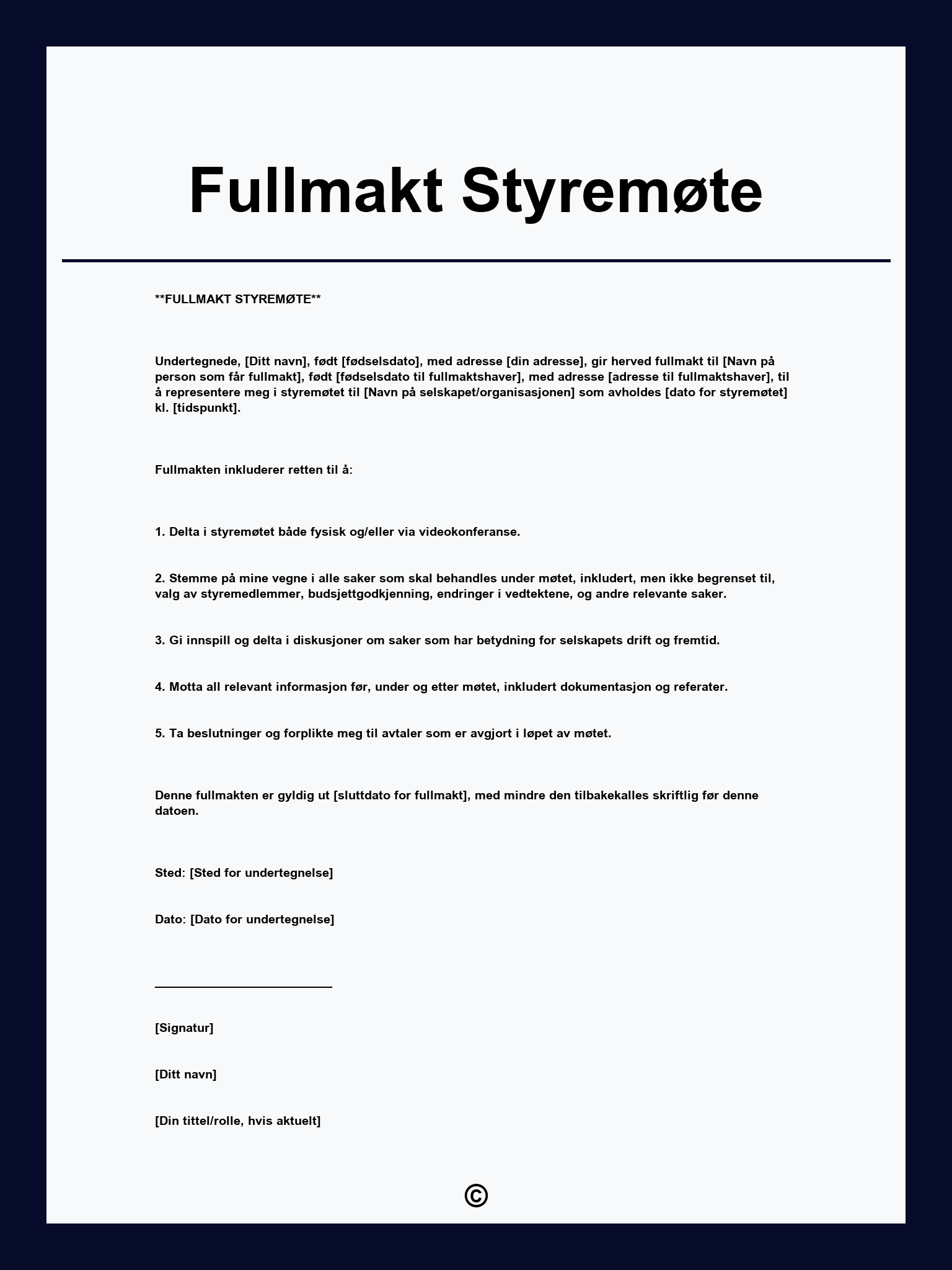 Fullmakt Styremøte
